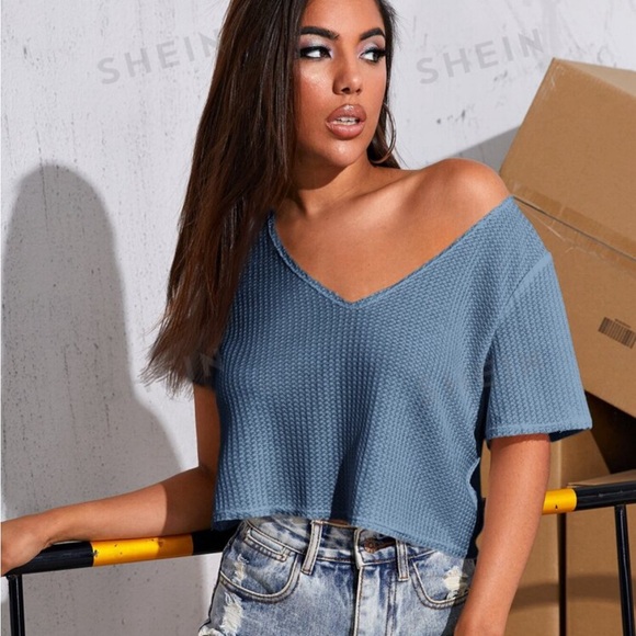 SHEIN | Tops | Brand New Blue Off Shoulder Crop Top Oversized | Poshmark